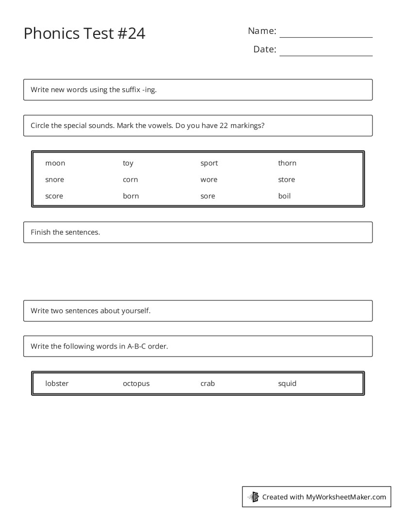 Phonics Test #24 - My Worksheet Maker: Create Your Own Worksheets