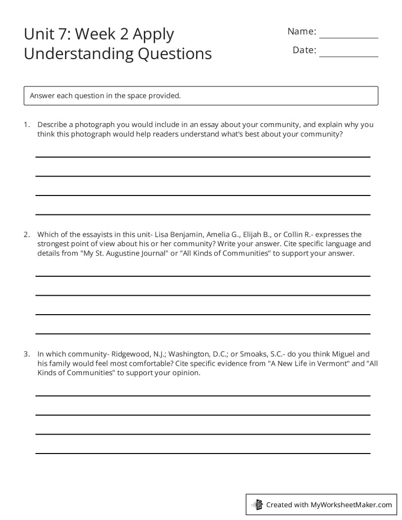 Unit 7: Week 2 Apply Understanding Questions - My Worksheet Maker ...
