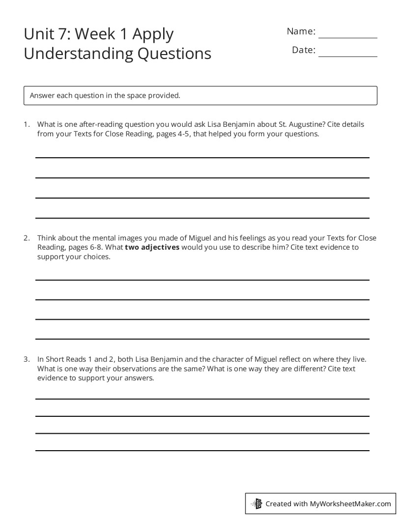 Unit 7: Week 1 Apply Understanding Questions - My Worksheet Maker ...