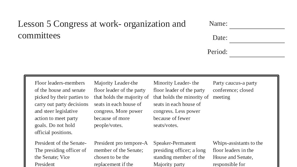 Lesson 5 Congress at work- organization and committees - My Worksheet ...