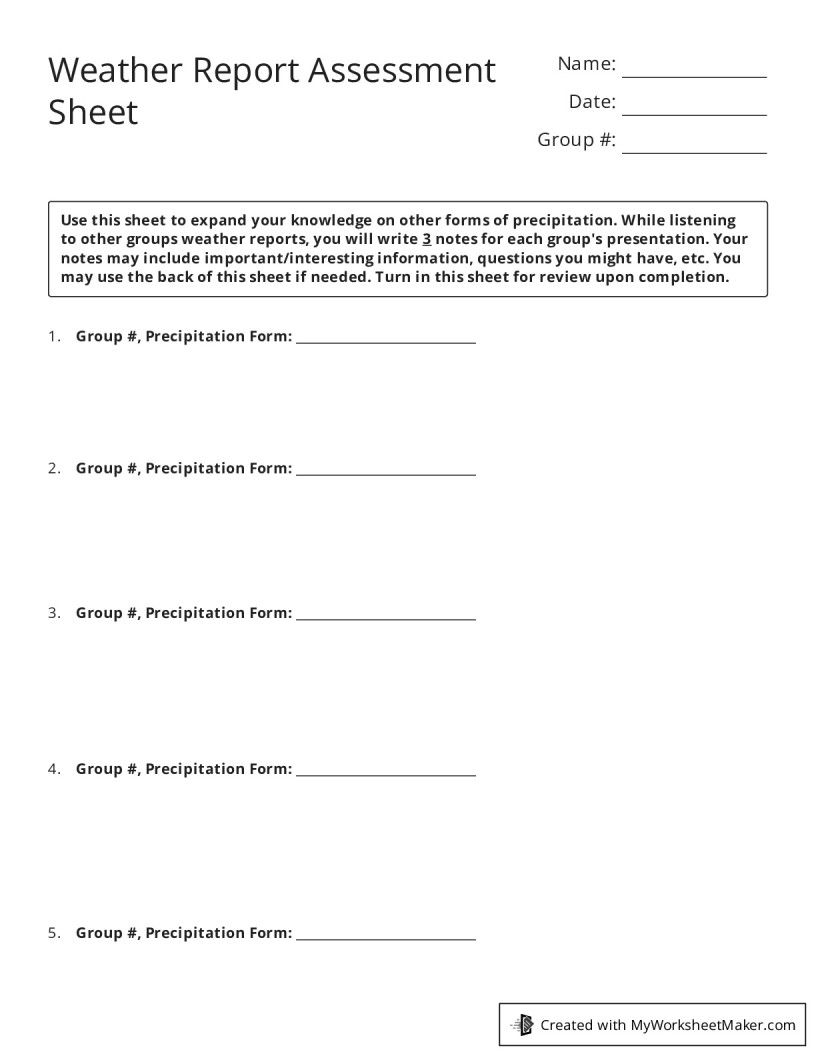 Weather Report Assessment Sheet - My Worksheet Maker: Create Your Own ...