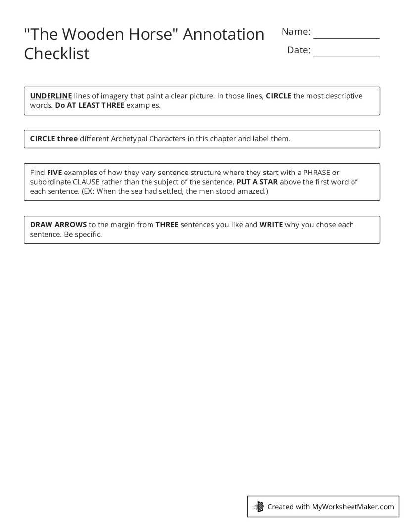 "The Wooden Horse" Annotation Checklist - My Worksheet Maker: Create ...