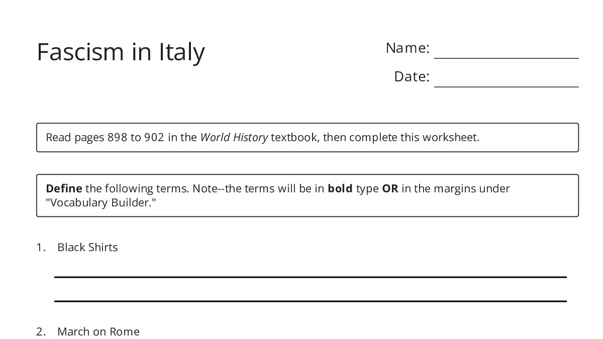 Fascism in Italy - My Worksheet Maker: Create Your Own Worksheets