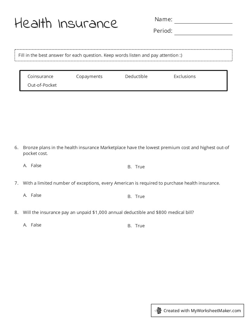Health Insurance - My Worksheet Maker: Create Your Own Worksheets