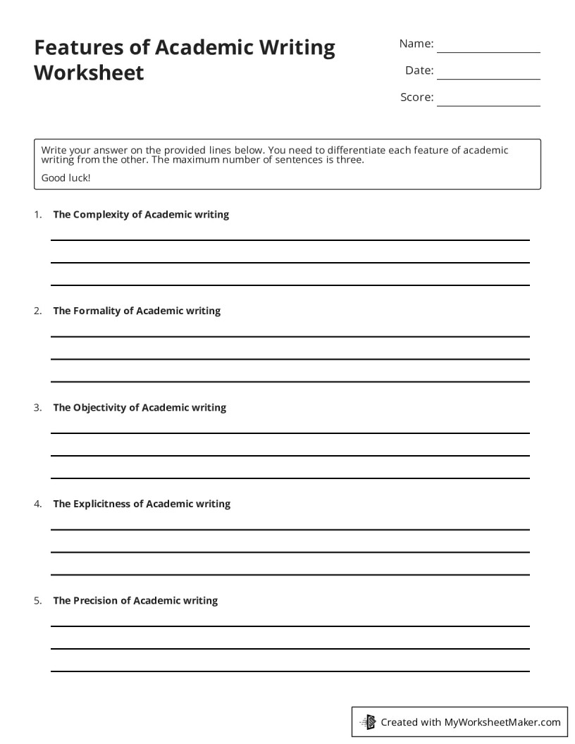 Features of Academic Writing Worksheet - My Worksheet Maker: Create ...