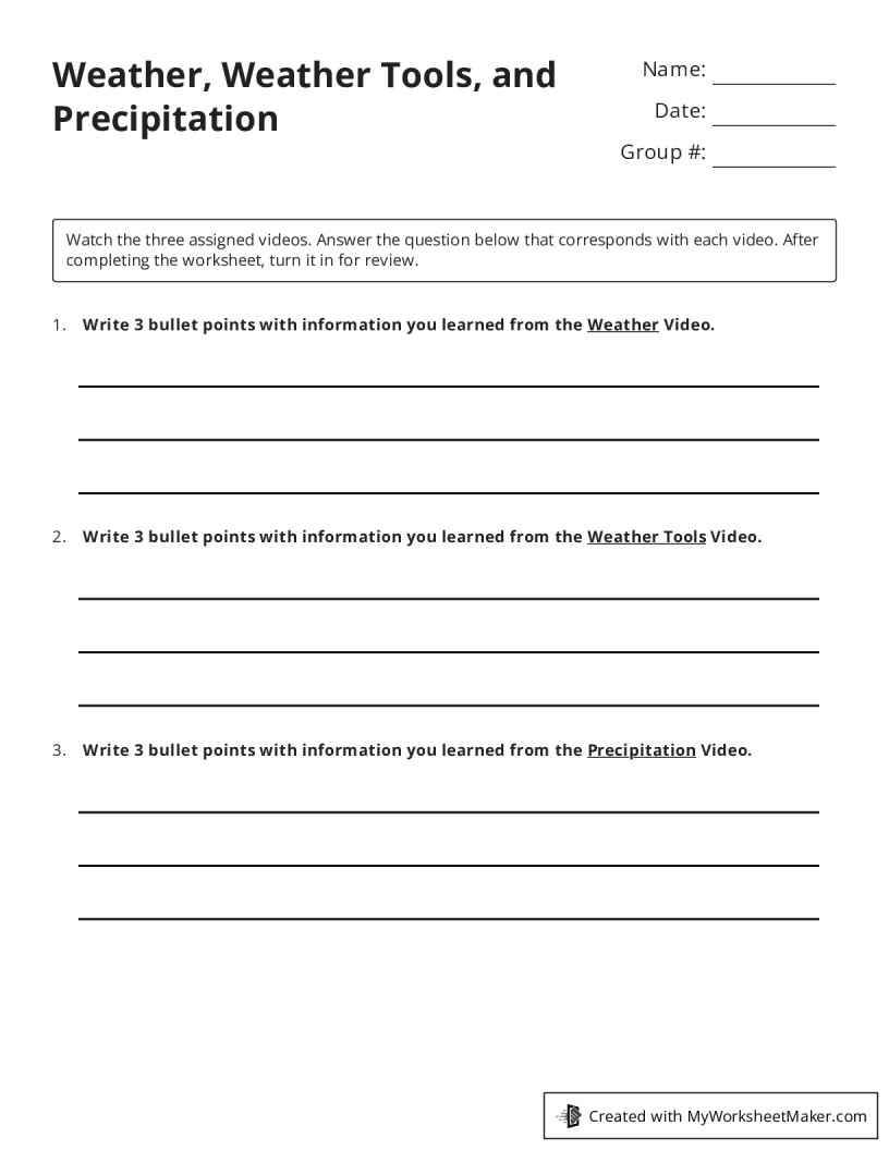 Weather, Weather Tools, and Precipitation - My Worksheet Maker: Create ...