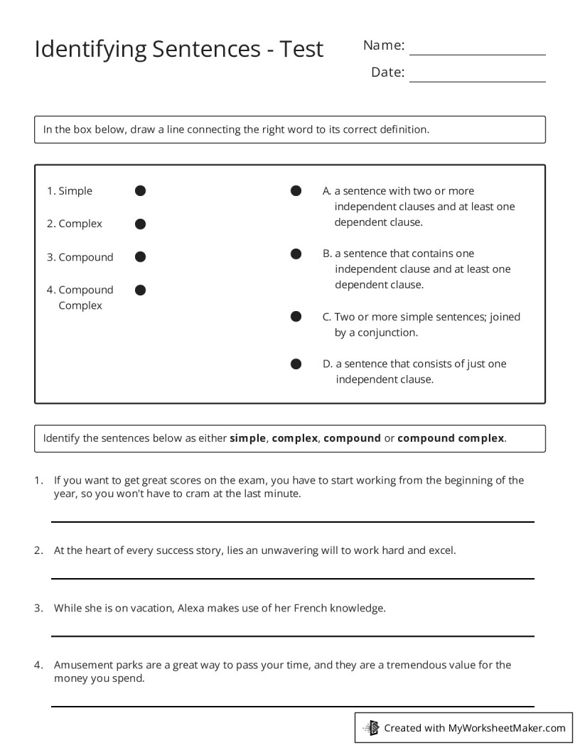Identifying Sentences - Test - My Worksheet Maker: Create Your Own ...