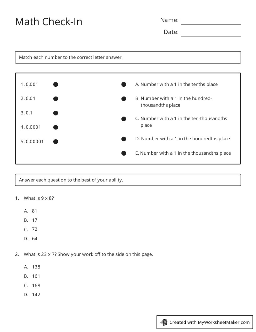 Math Check-In - My Worksheet Maker: Create Your Own Worksheets