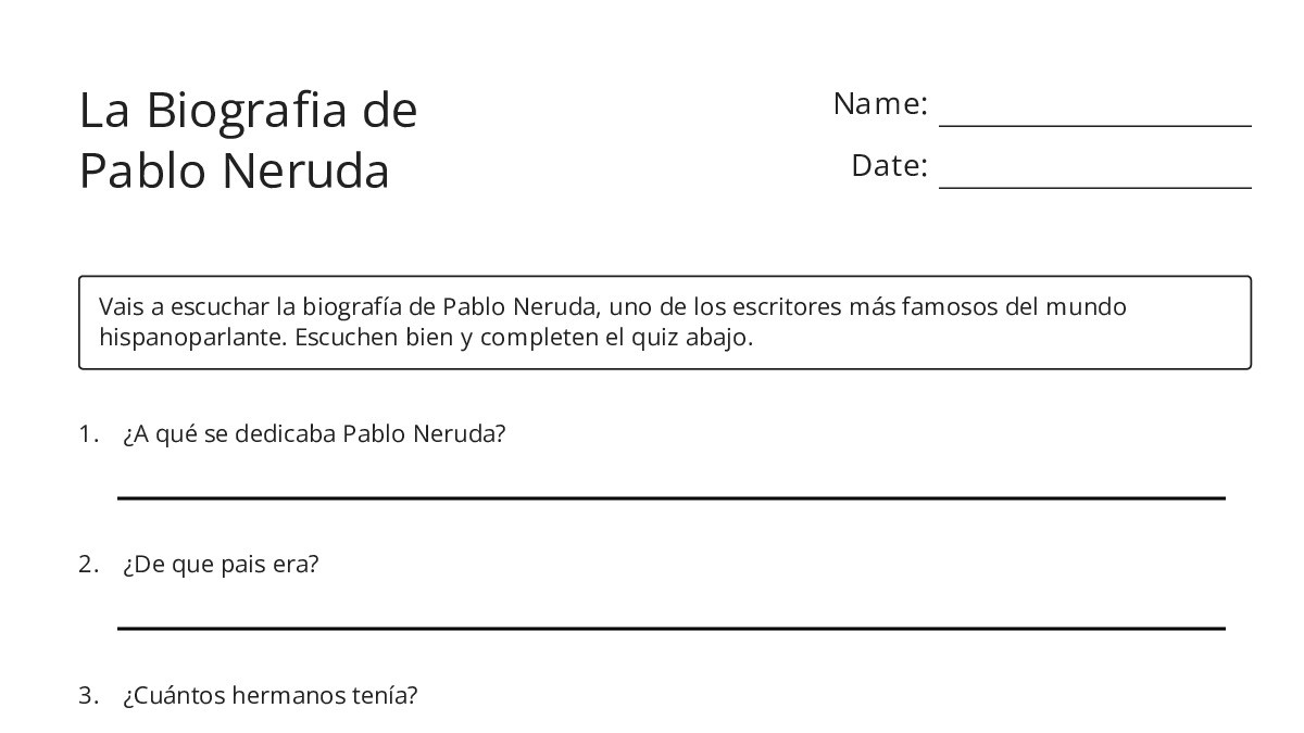 La Biografia de Pablo Neruda - My Worksheet Maker: Create Your Own ...