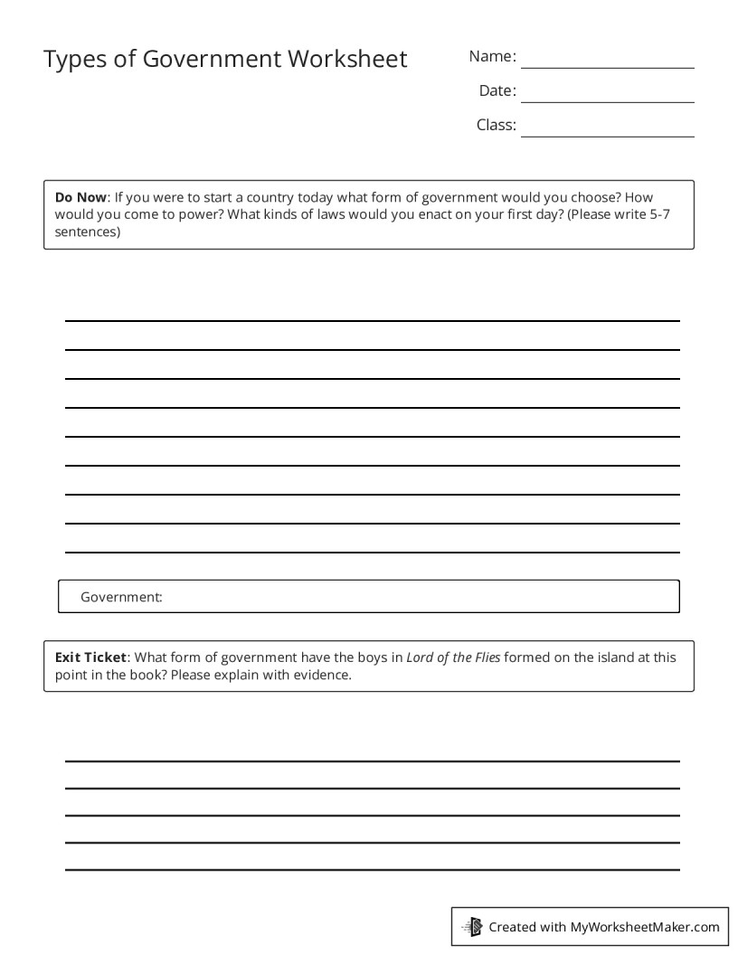 Types of Government Worksheet - My Worksheet Maker: Create Your Own ...