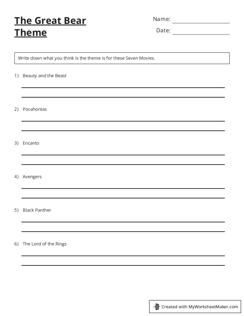The Great BearTheme﻿ - My Worksheet Maker: Create Your Own Worksheets