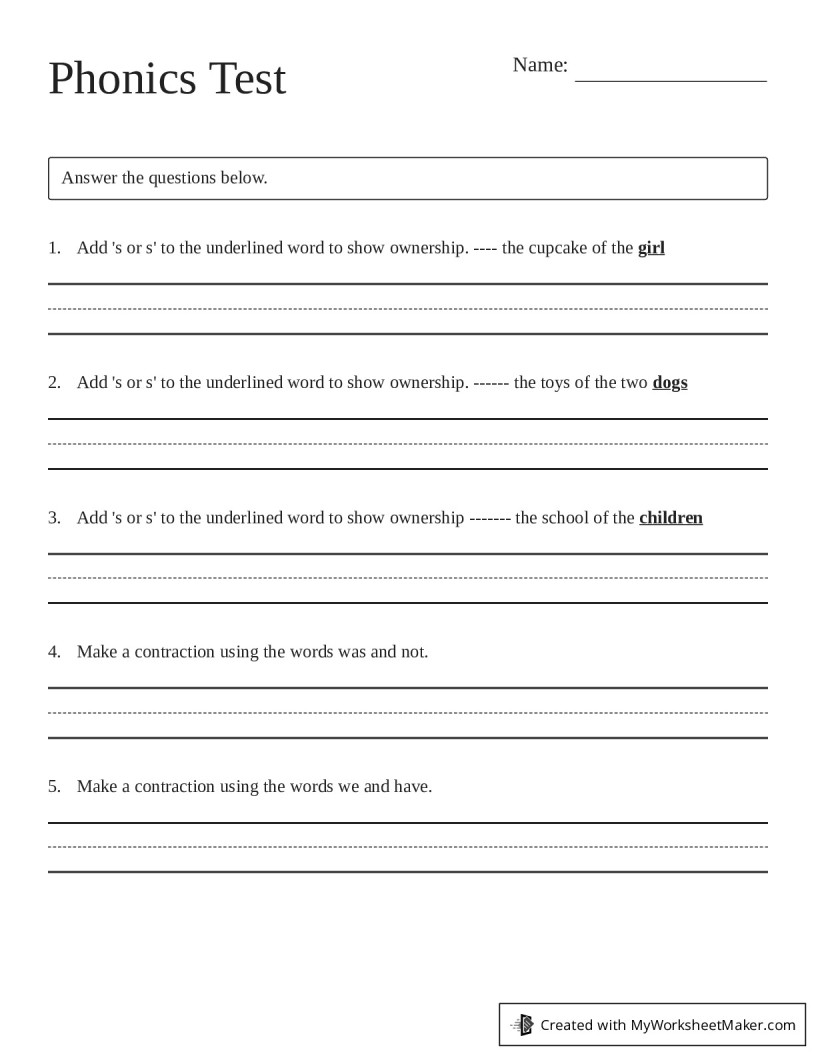 Phonics Test - My Worksheet Maker: Create Your Own Worksheets