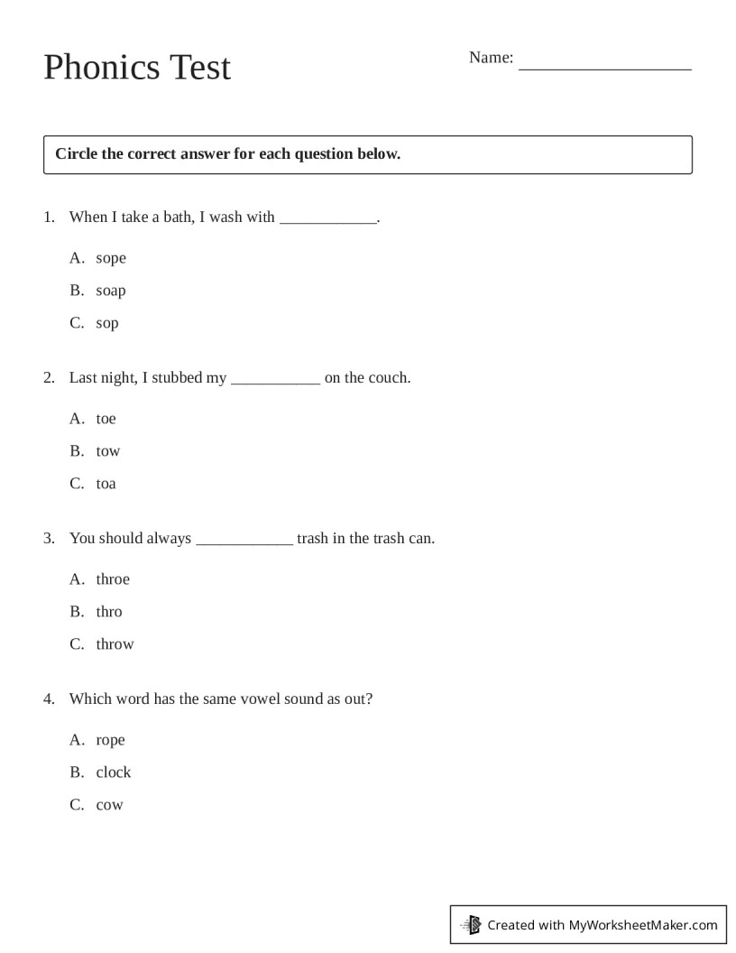 Phonics Test - My Worksheet Maker: Create Your Own Worksheets