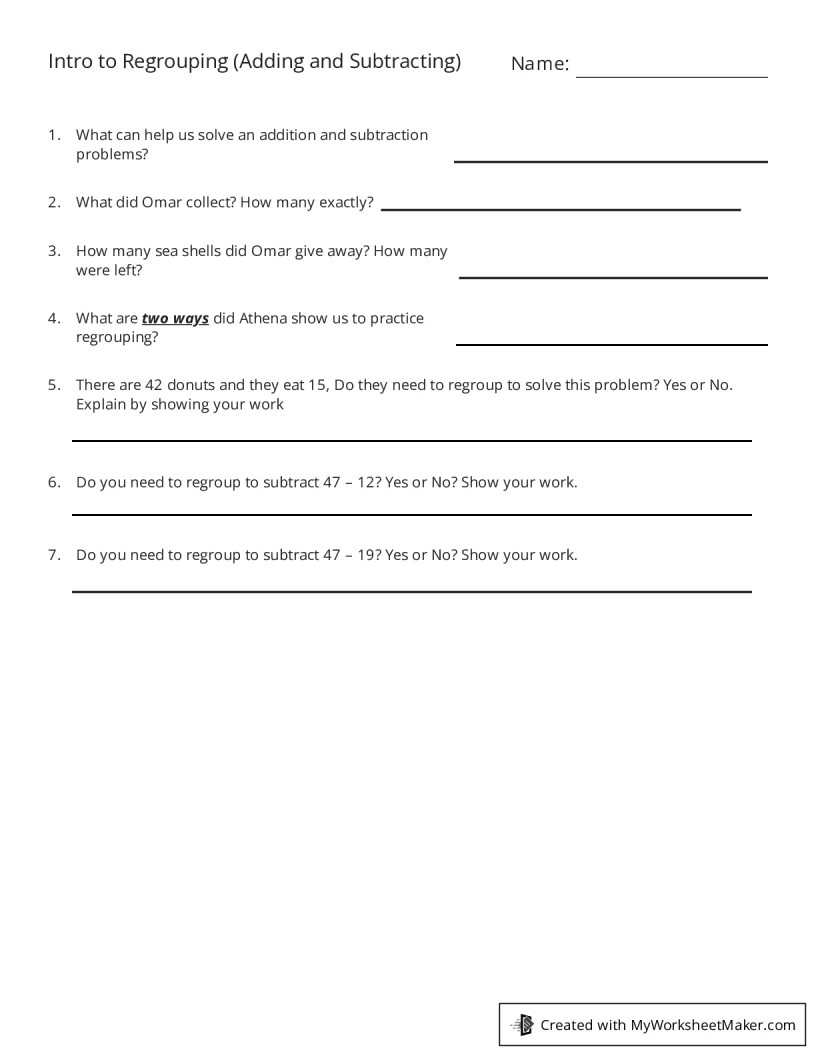 Intro to Regrouping (Adding and Subtracting) - My Worksheet Maker ...