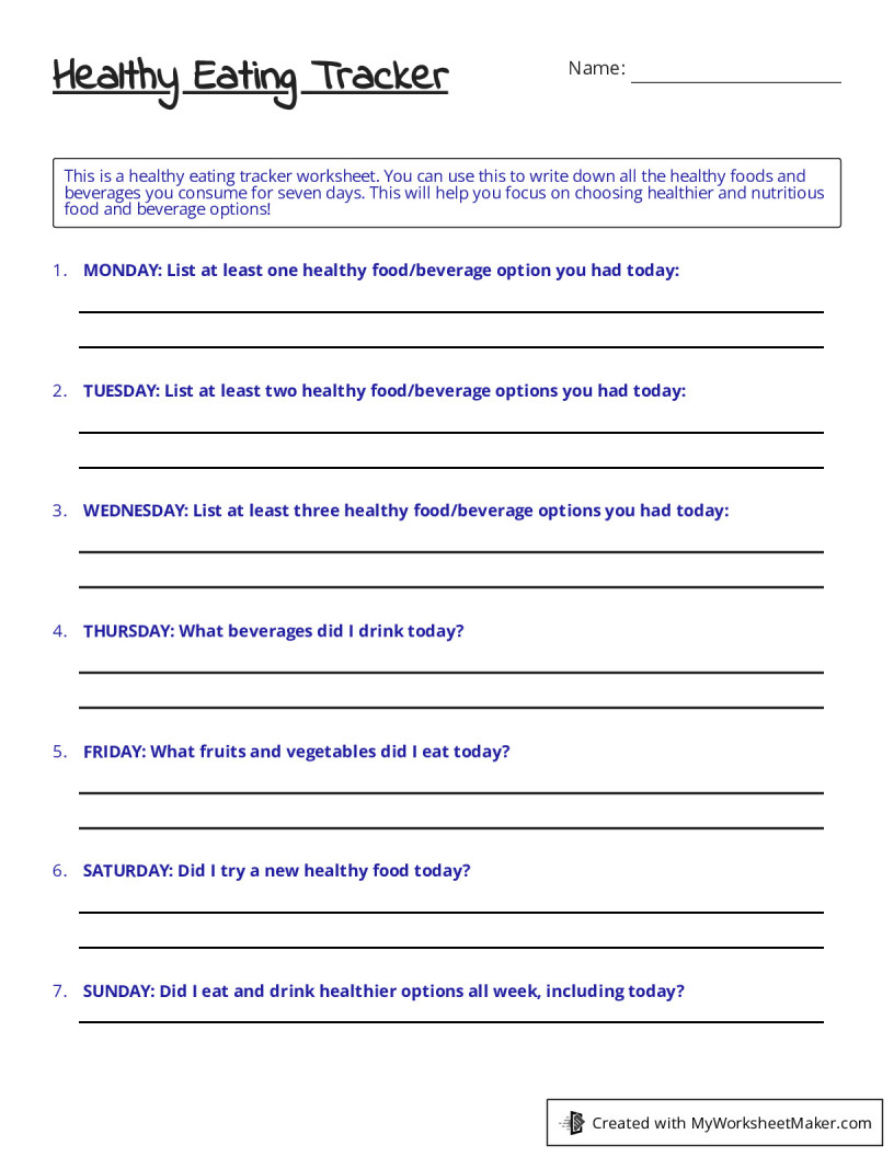 Healthy Eating Tracker - My Worksheet Maker: Create Your Own Worksheets