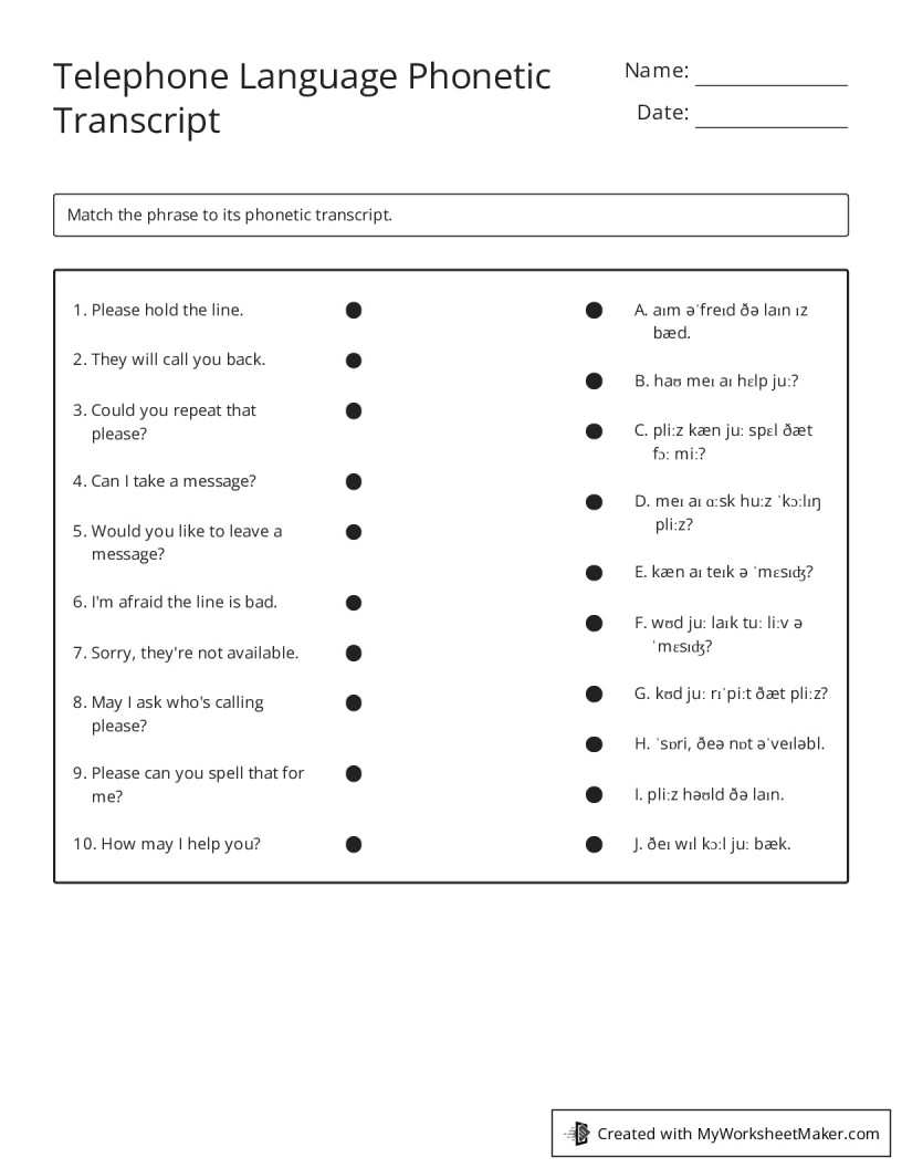 Telephone Language Phonetic Transcript - My Worksheet Maker: Create ...