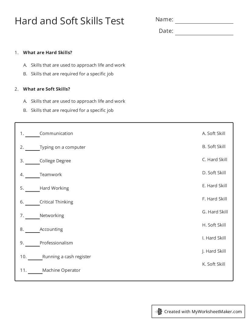 Hard and Soft Skills Test - My Worksheet Maker: Create Your Own Worksheets