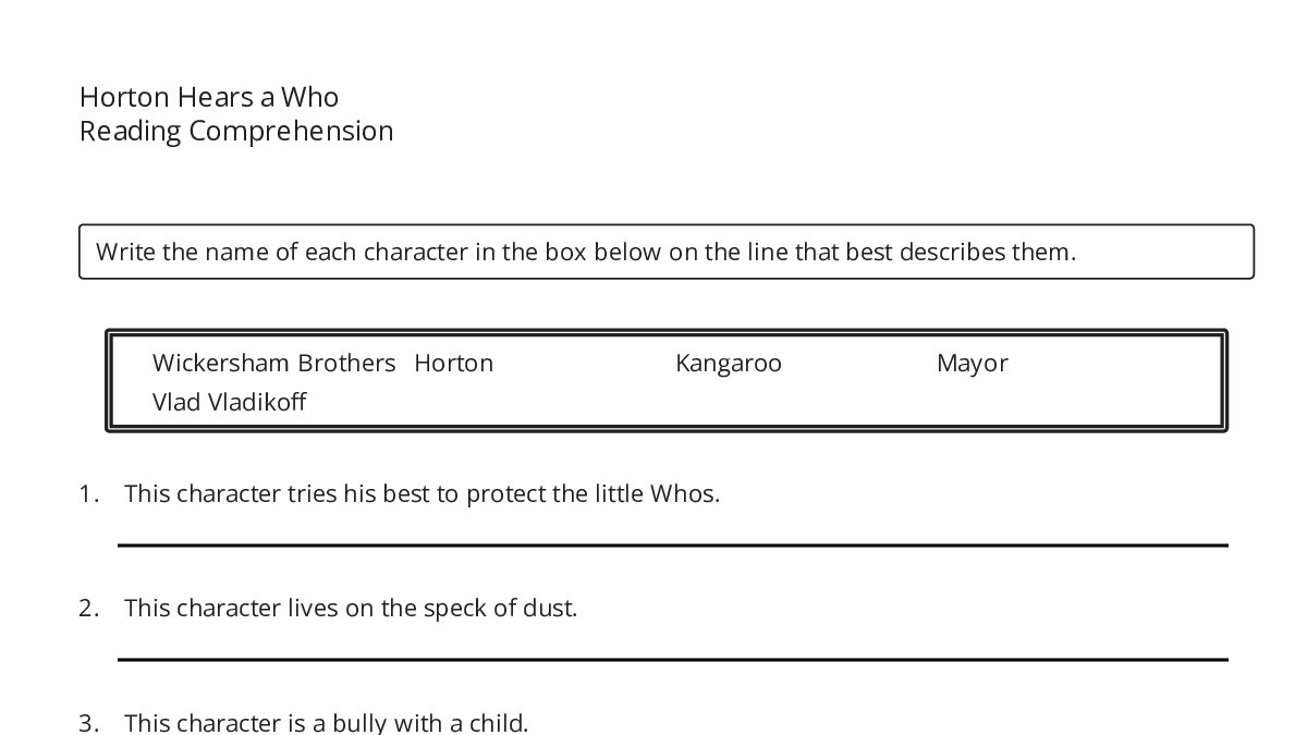 Horton Hears a Who Reading Comprehension - My Worksheet Maker: Create ...