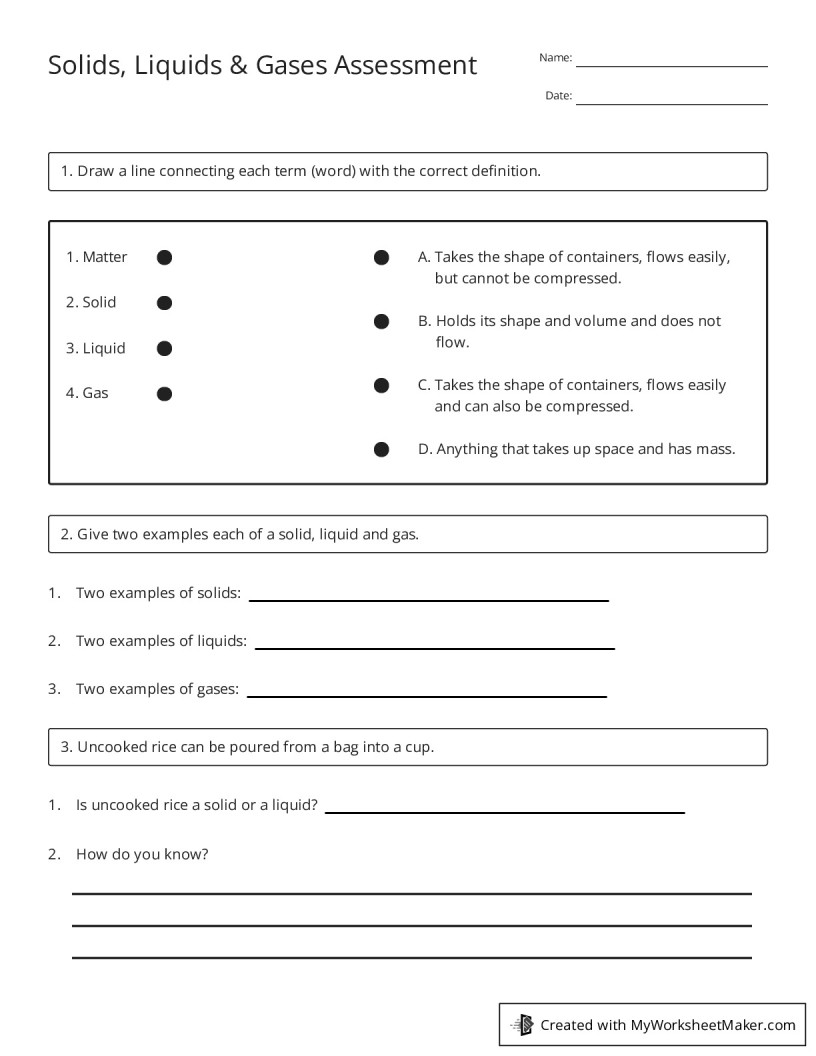 Solids, Liquids & Gases Assessment - My Worksheet Maker: Create Your ...