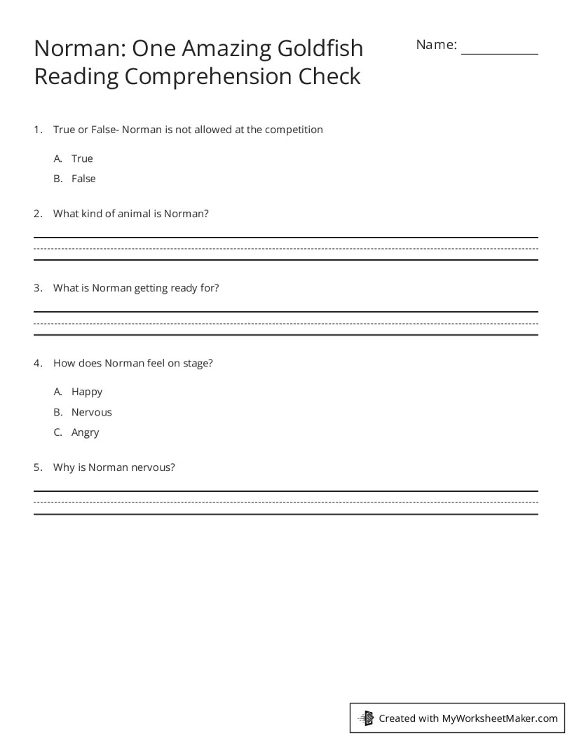 Norman: One Amazing Goldfish Reading Comprehension Check - My Worksheet ...
