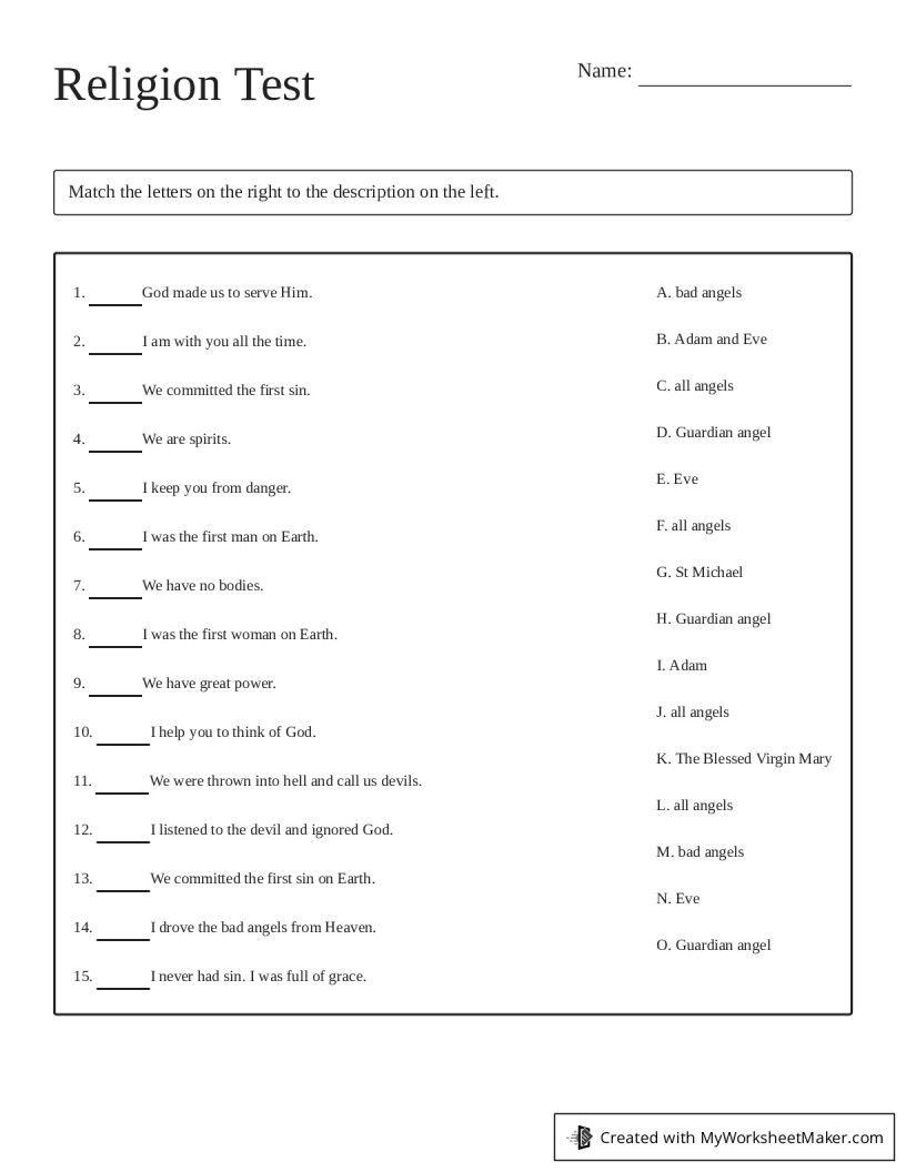 Religion Test - My Worksheet Maker: Create Your Own Worksheets