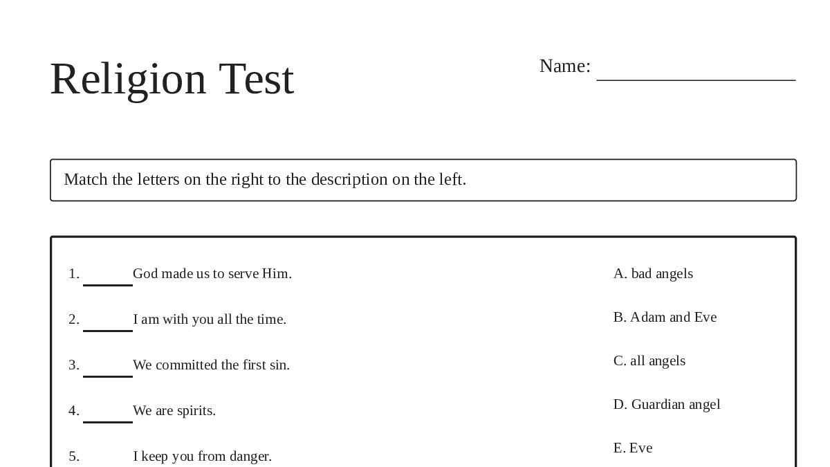 Religion Test - My Worksheet Maker: Create Your Own Worksheets