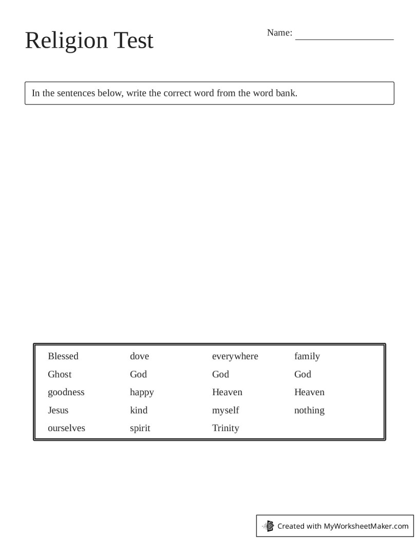 Religion Test - My Worksheet Maker: Create Your Own Worksheets