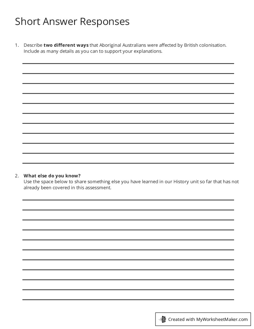 Short Answer Responses - My Worksheet Maker: Create Your Own Worksheets