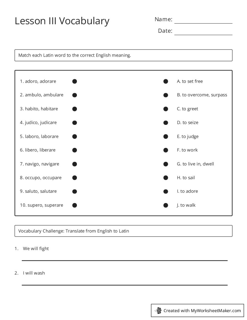 Lesson III Vocabulary - My Worksheet Maker: Create Your Own Worksheets