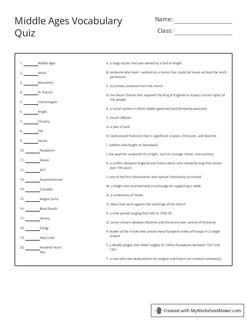 Middle Ages Vocabulary Quiz - My Worksheet Maker: Create Your Own ...
