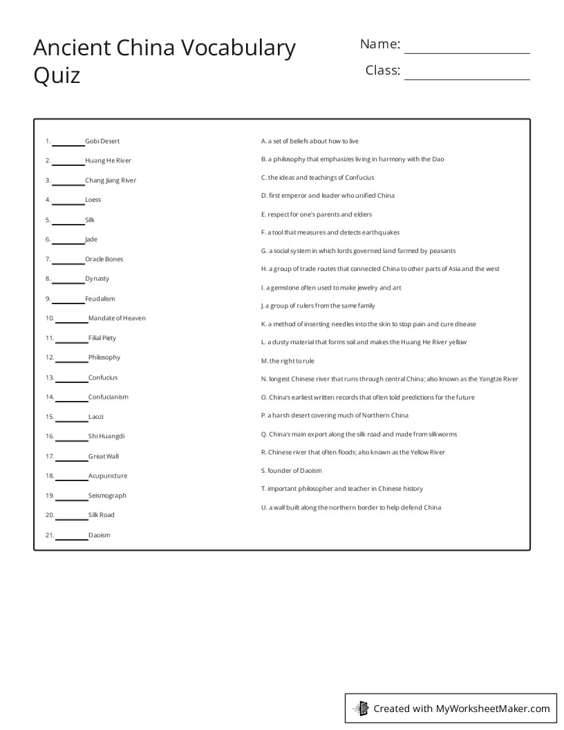Ancient China Vocabulary Quiz - My Worksheet Maker: Create Your Own ...