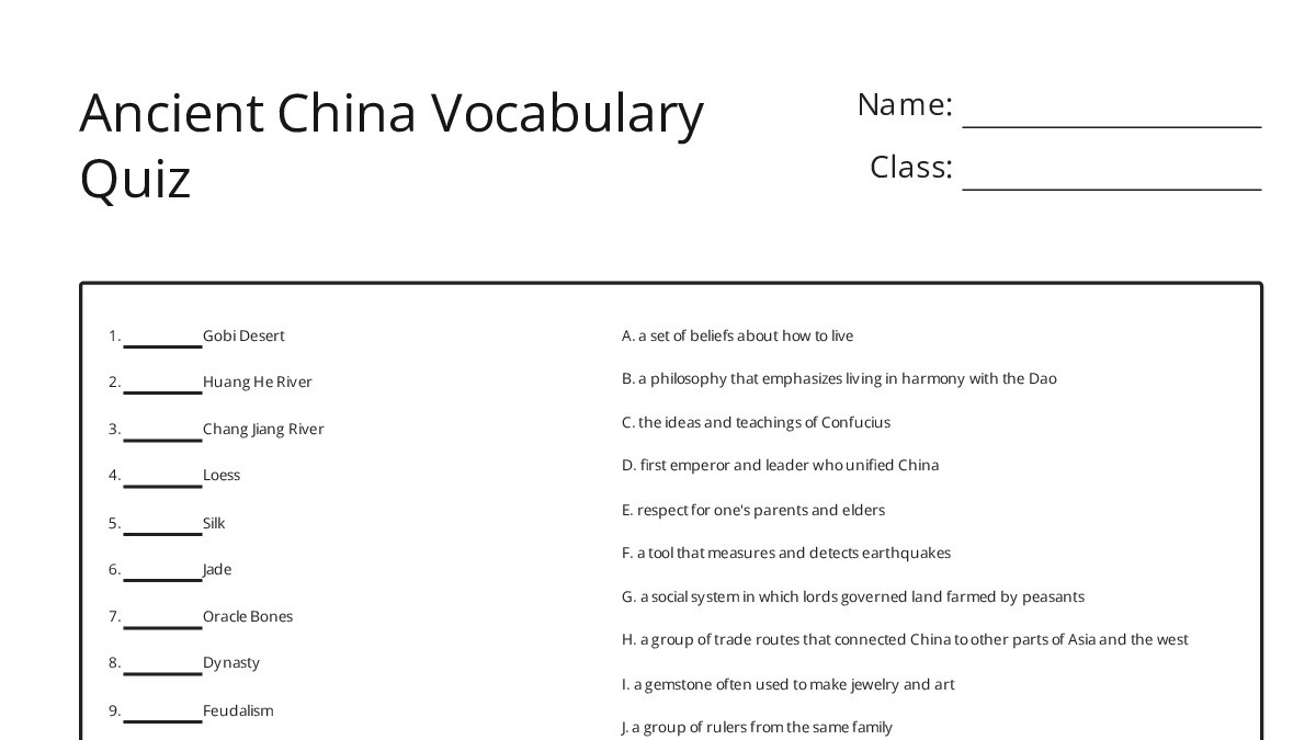 Ancient China Vocabulary Quiz - My Worksheet Maker: Create Your Own ...
