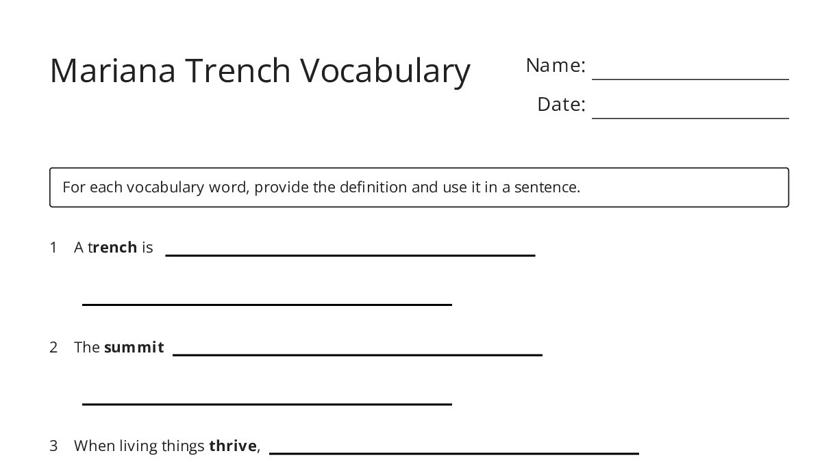 Mariana Trench Vocabulary - My Worksheet Maker: Create Your Own Worksheets