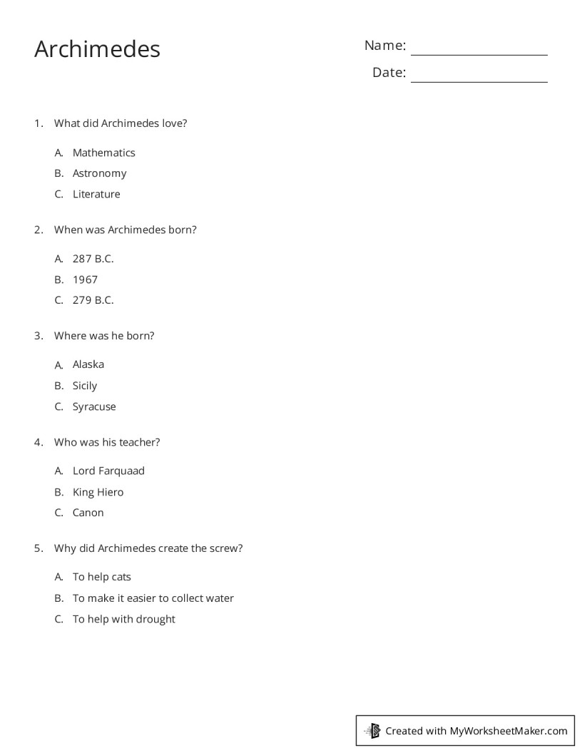 Archimedes - My Worksheet Maker: Create Your Own Worksheets