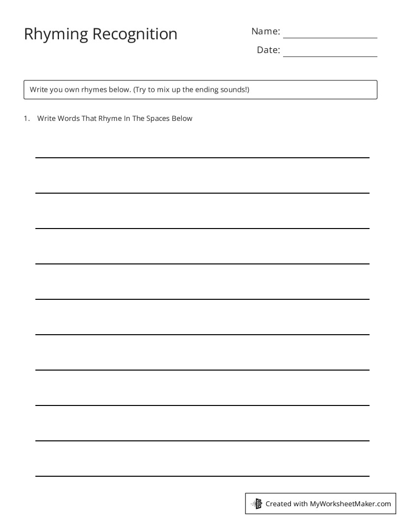 Rhyming Recognition - My Worksheet Maker: Create Your Own Worksheets