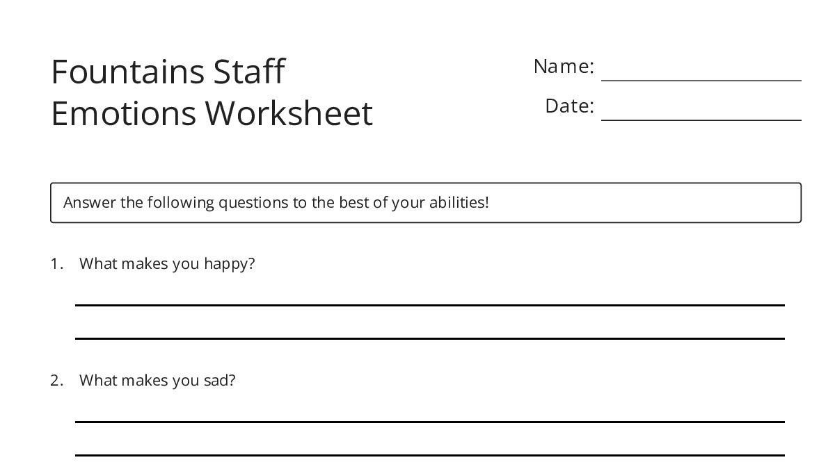 Fountains Staff Emotions Worksheet - My Worksheet Maker: Create Your ...