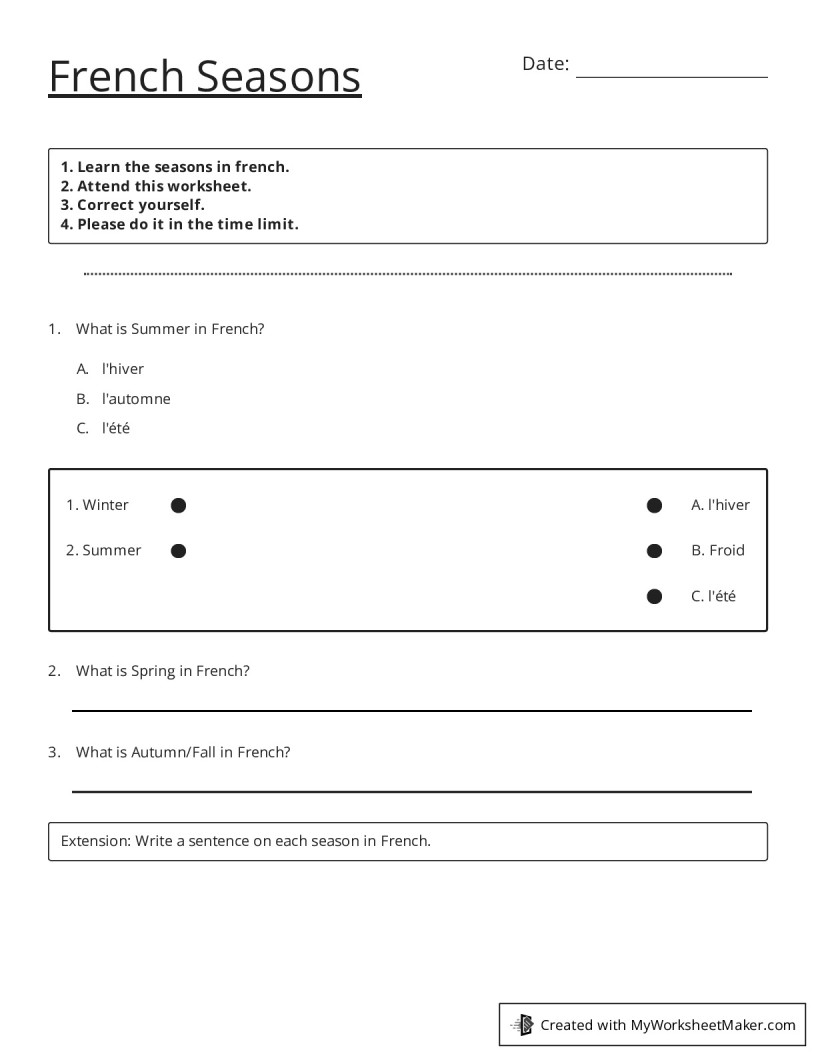 French Seasons - My Worksheet Maker: Create Your Own Worksheets
