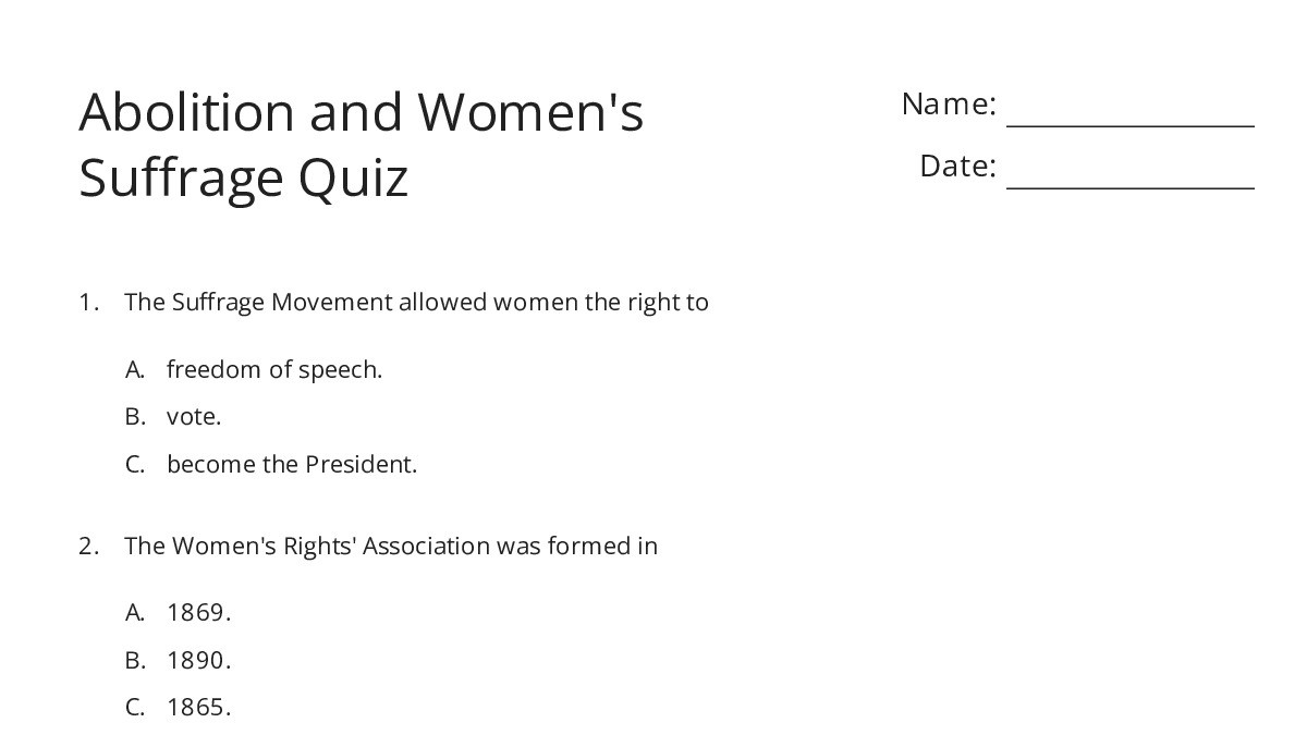 Abolition and Women's Suffrage Quiz - My Worksheet Maker: Create Your ...