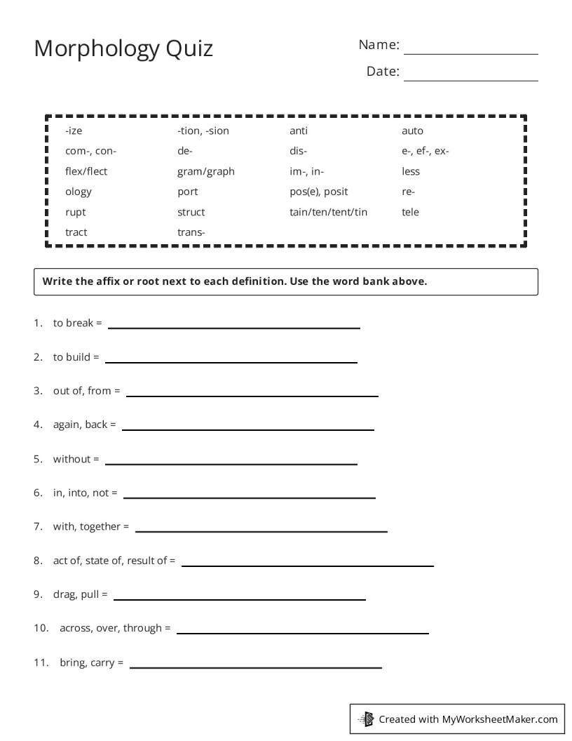 Morphology Quiz - My Worksheet Maker: Create Your Own Worksheets