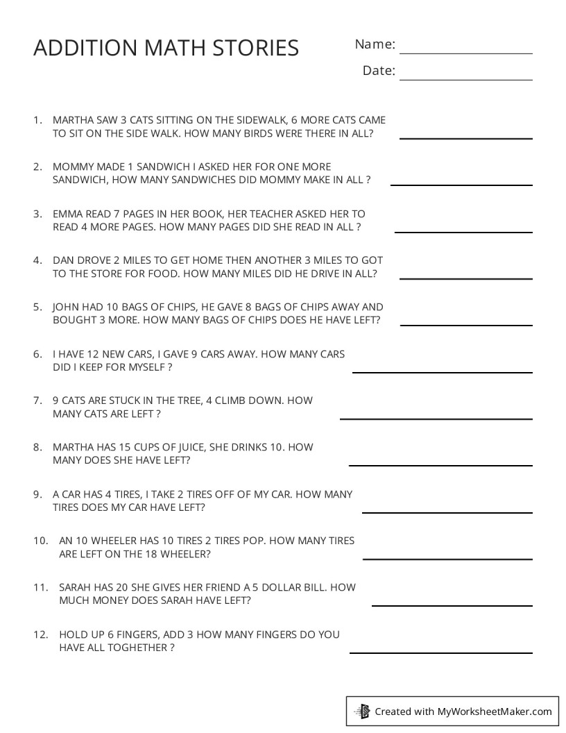 ADDITION MATH STORIES - My Worksheet Maker: Create Your Own Worksheets