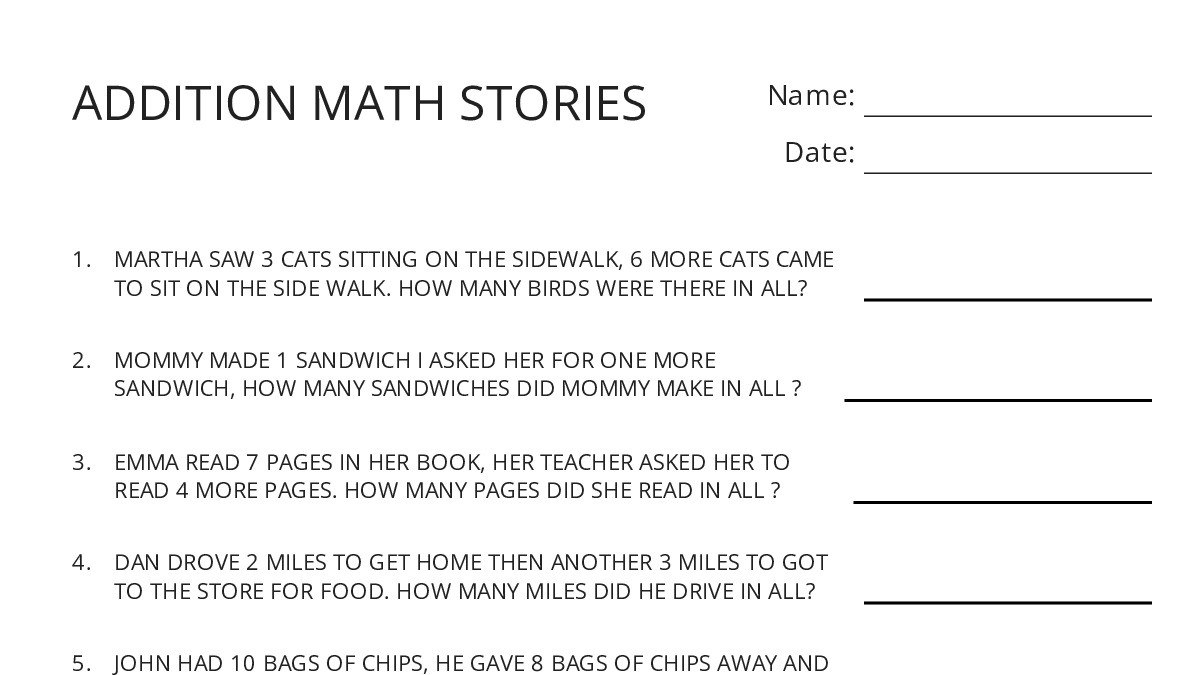 ADDITION MATH STORIES - My Worksheet Maker: Create Your Own Worksheets