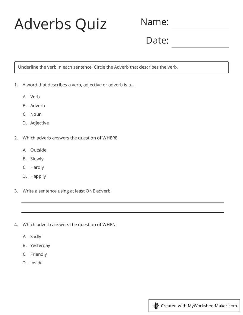 Adverbs Quiz - My Worksheet Maker: Create Your Own Worksheets