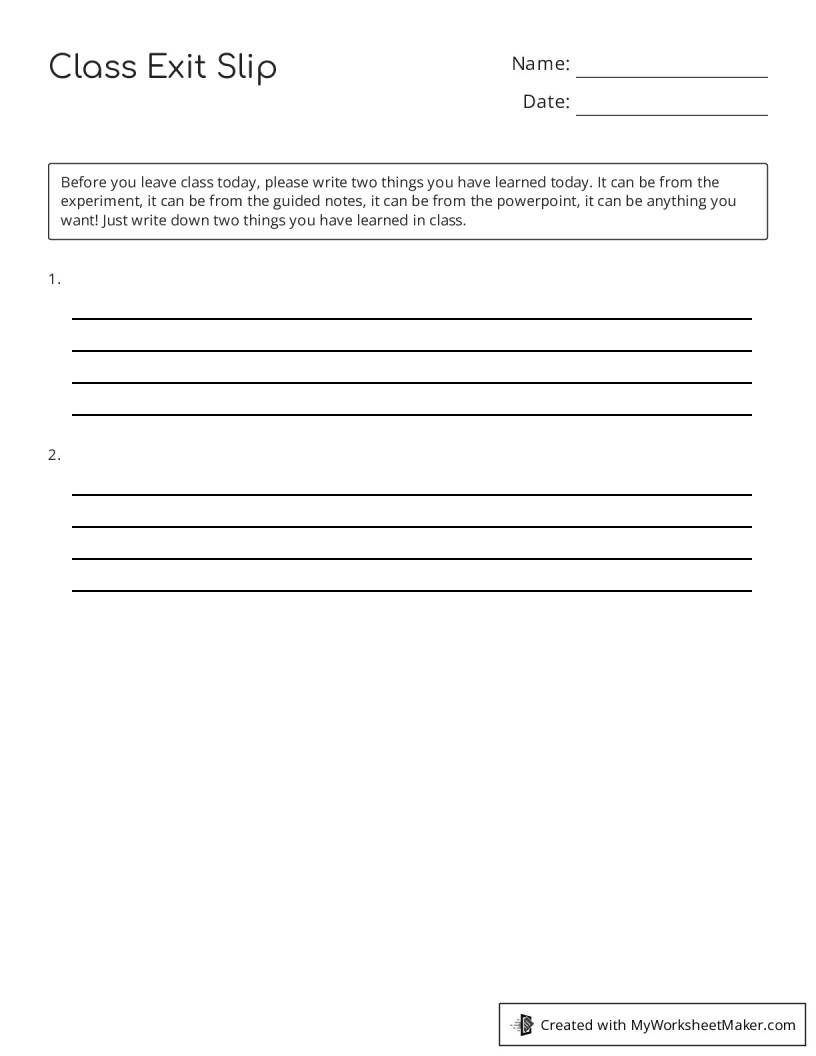 Class Exit Slip - My Worksheet Maker: Create Your Own Worksheets