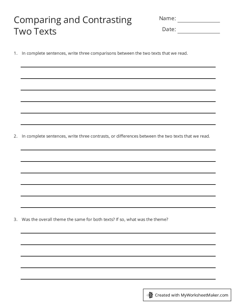Comparing and Contrasting Two Texts - My Worksheet Maker: Create Your ...