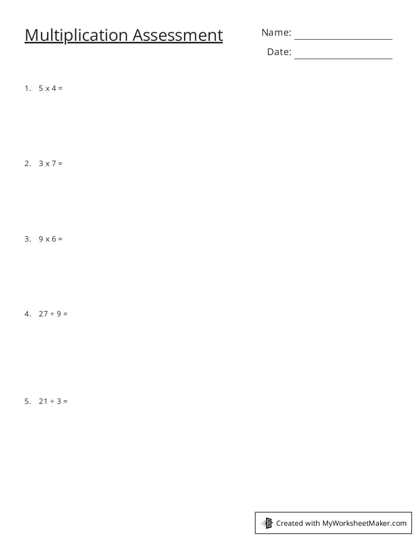 Multiplication Assessment Printable