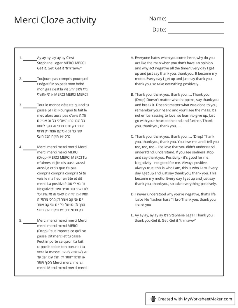 Merci Cloze activity - My Worksheet Maker: Create Your Own Worksheets