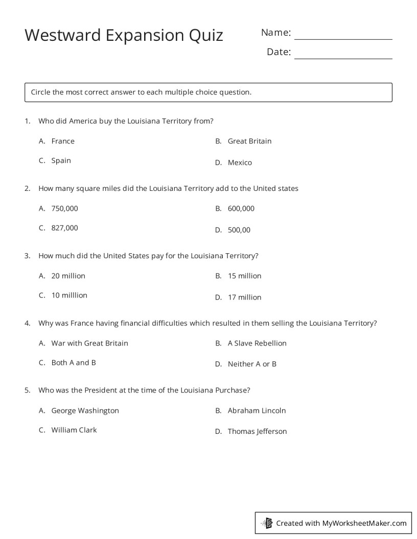 Westward Expansion Quiz - My Worksheet Maker: Create Your Own Worksheets
