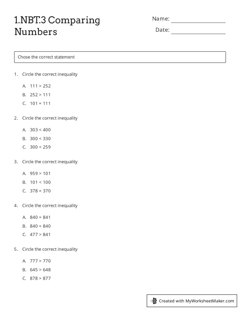 1.NBT.3 Comparing Numbers - My Worksheet Maker: Create Your Own Worksheets