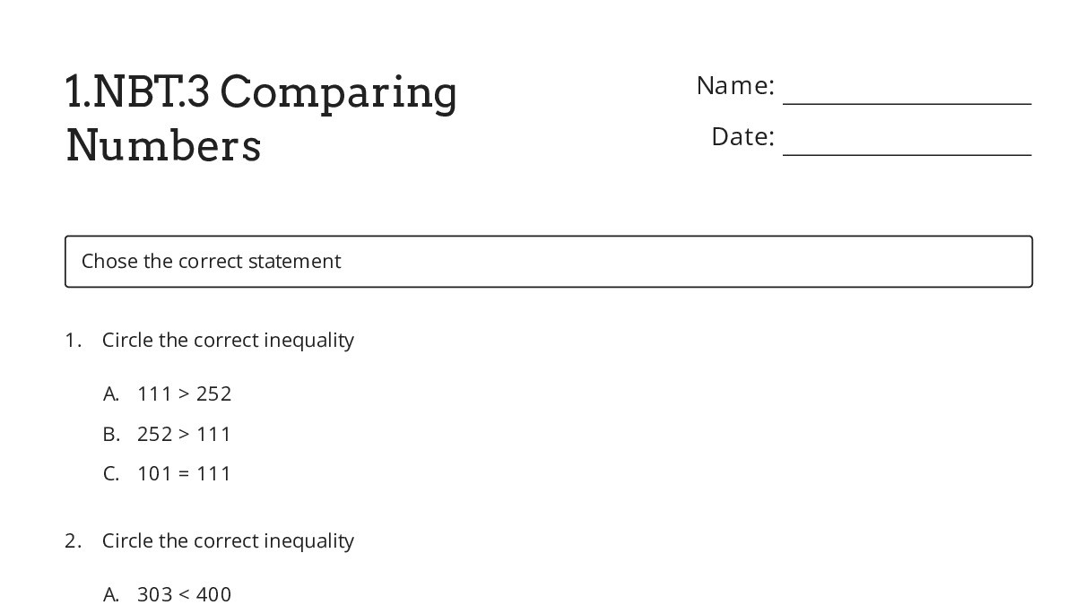 1.NBT.3 Comparing Numbers - My Worksheet Maker: Create Your Own Worksheets
