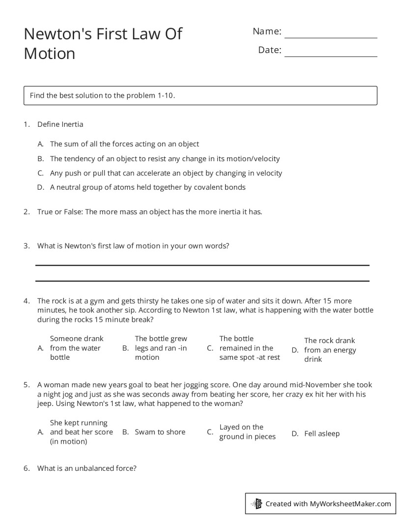 Newton's First Law Of Motion - My Worksheet Maker: Create Your Own ...